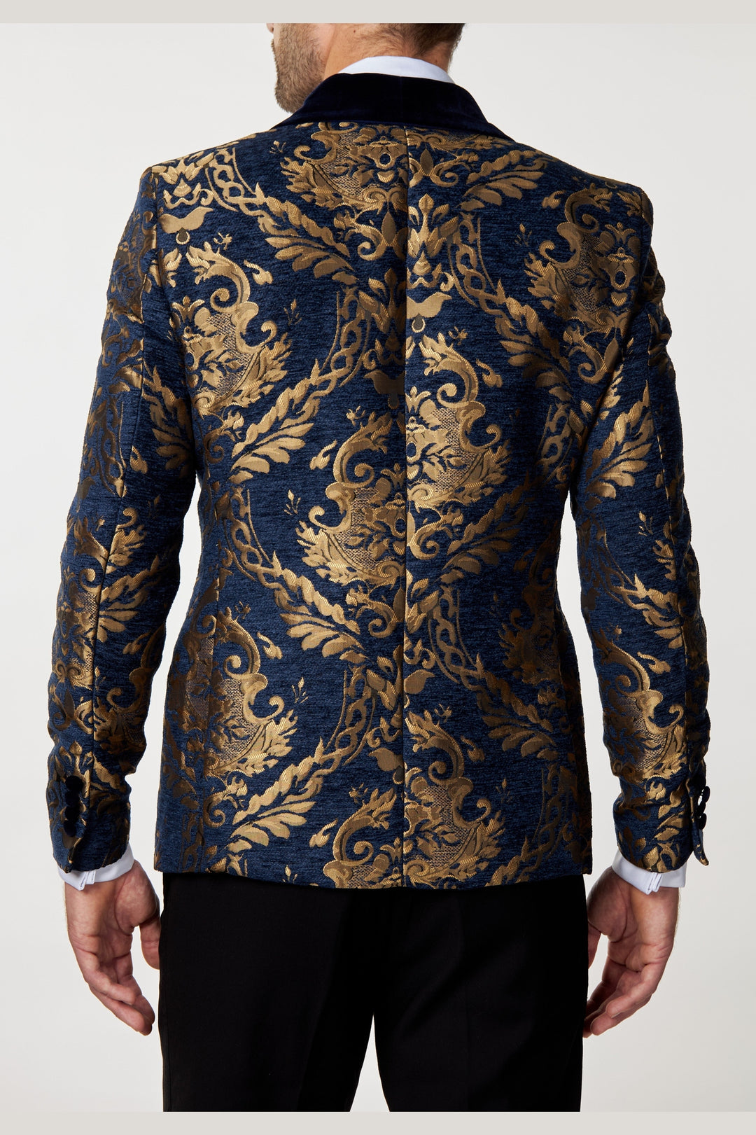 GLEN - Gold Brocade on Navy Jacquard Double Breasted Jacket Mens – XPOSED