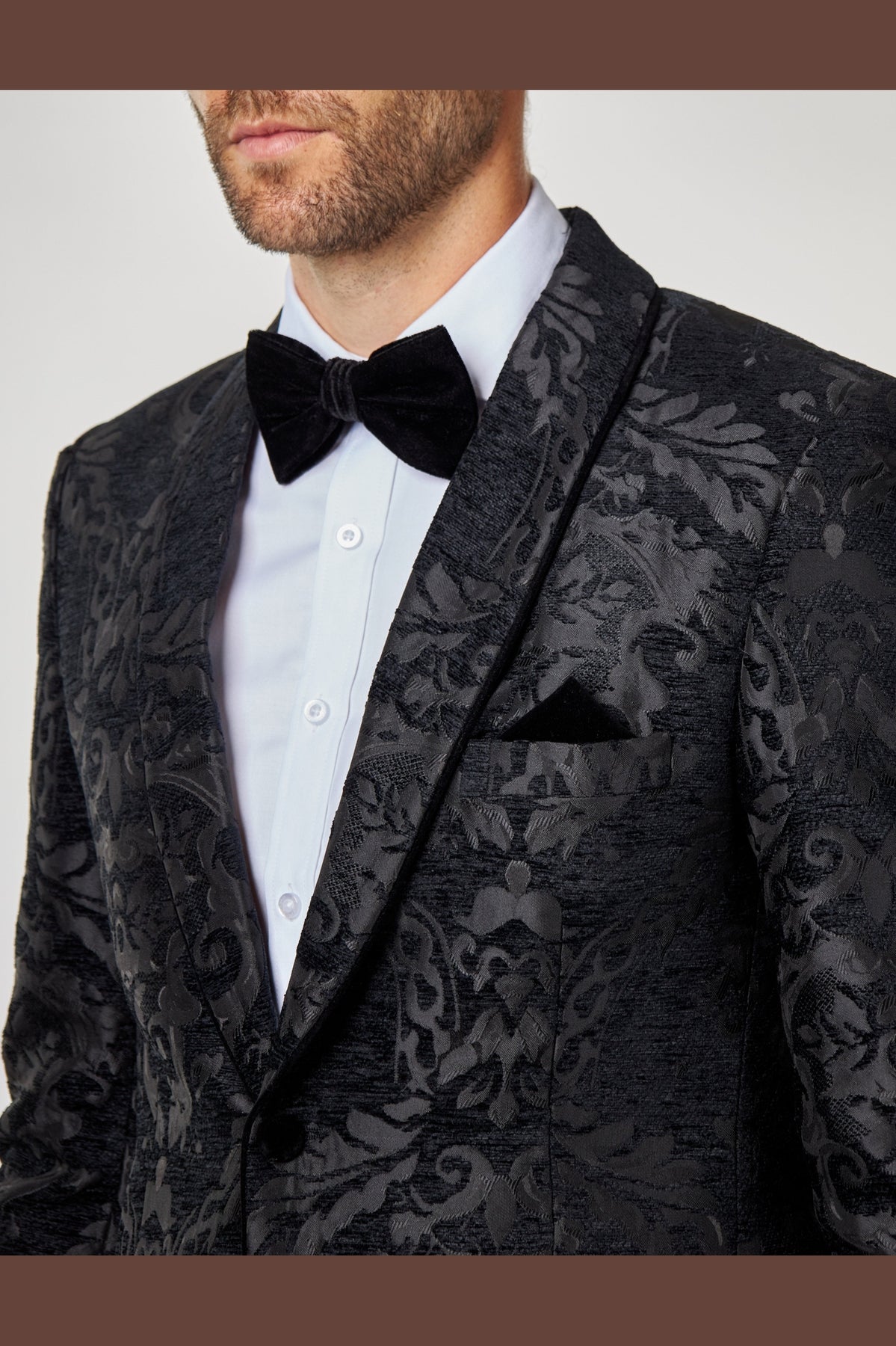 GLEN - Black Floral Foliage Jacquard Tuxedo Jacket – XPOSED