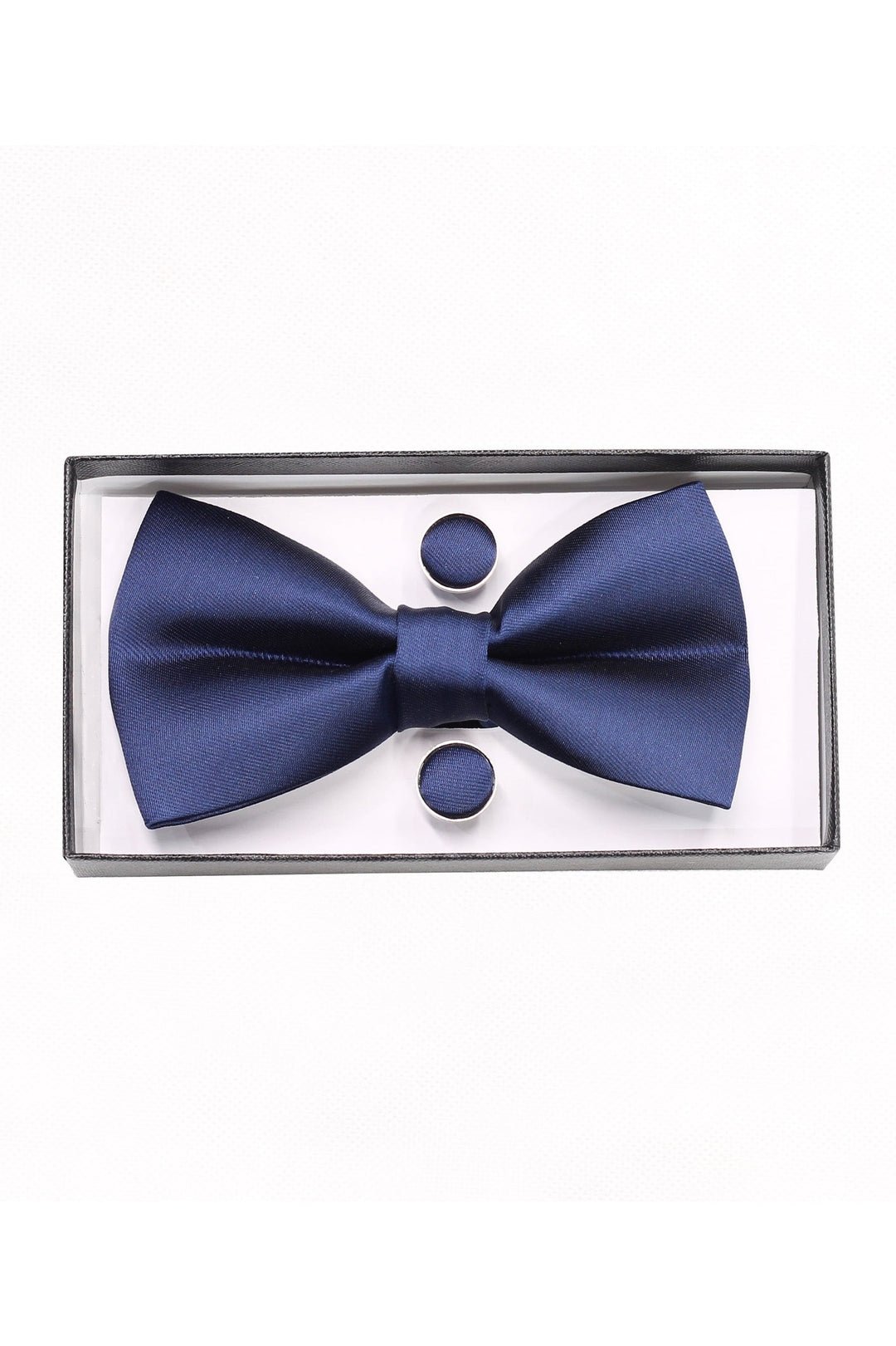 Mens Navy Silk Feel Bow Tie 3 Piece Gift Set Pocket Square Cufflink ...