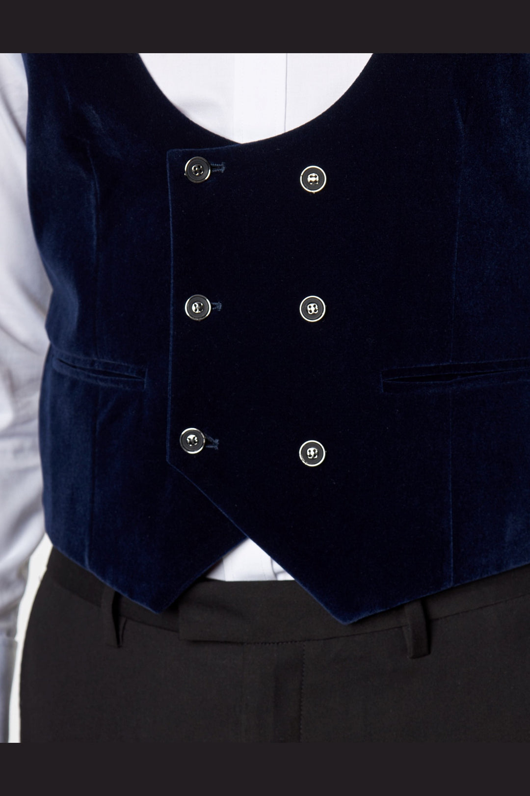 NAVY VELVET DOUBLE BREASTED LOW U CUT WAISTCOAT – XPOSED