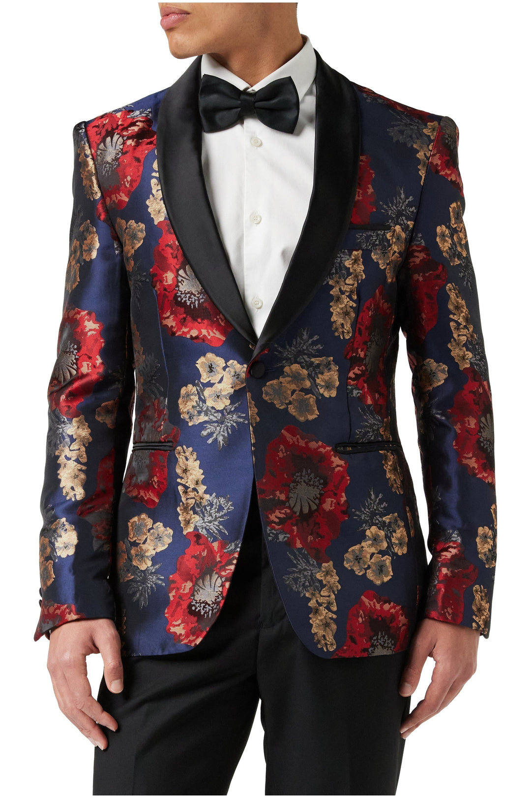 Flocked Floral Red Navy Tux Jacket – XPOSED