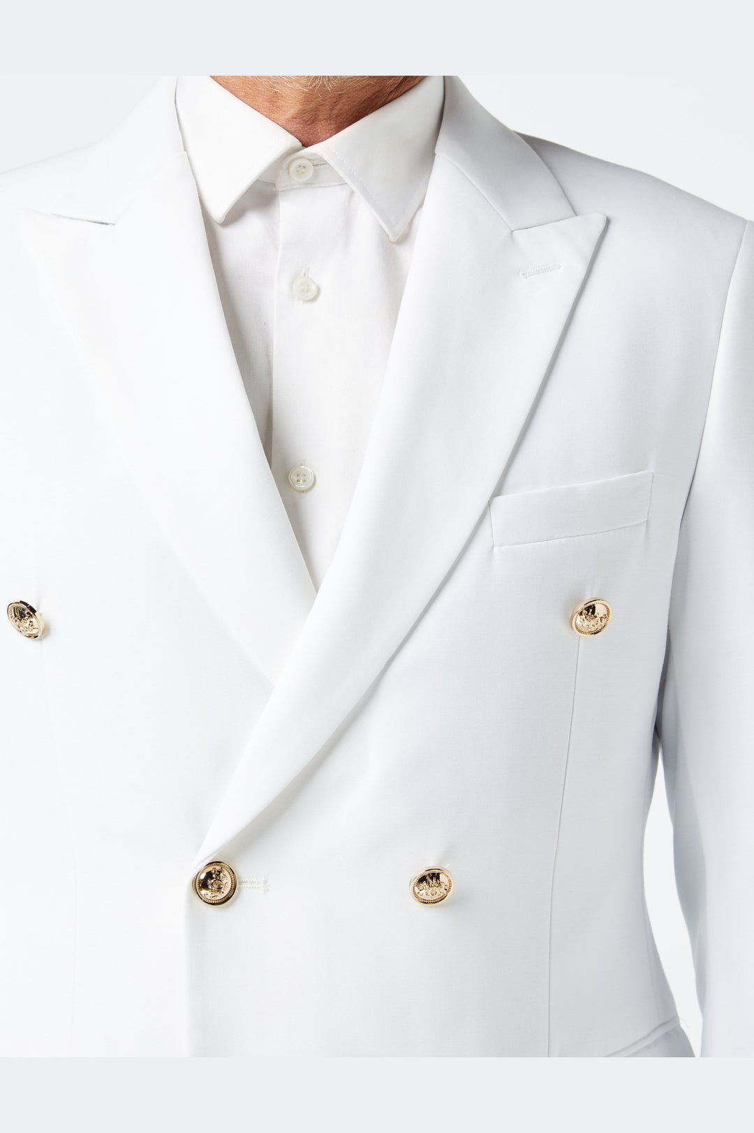 DOUBLE BREASTED GOLD BUTTON WHITE JACKET – XPOSED